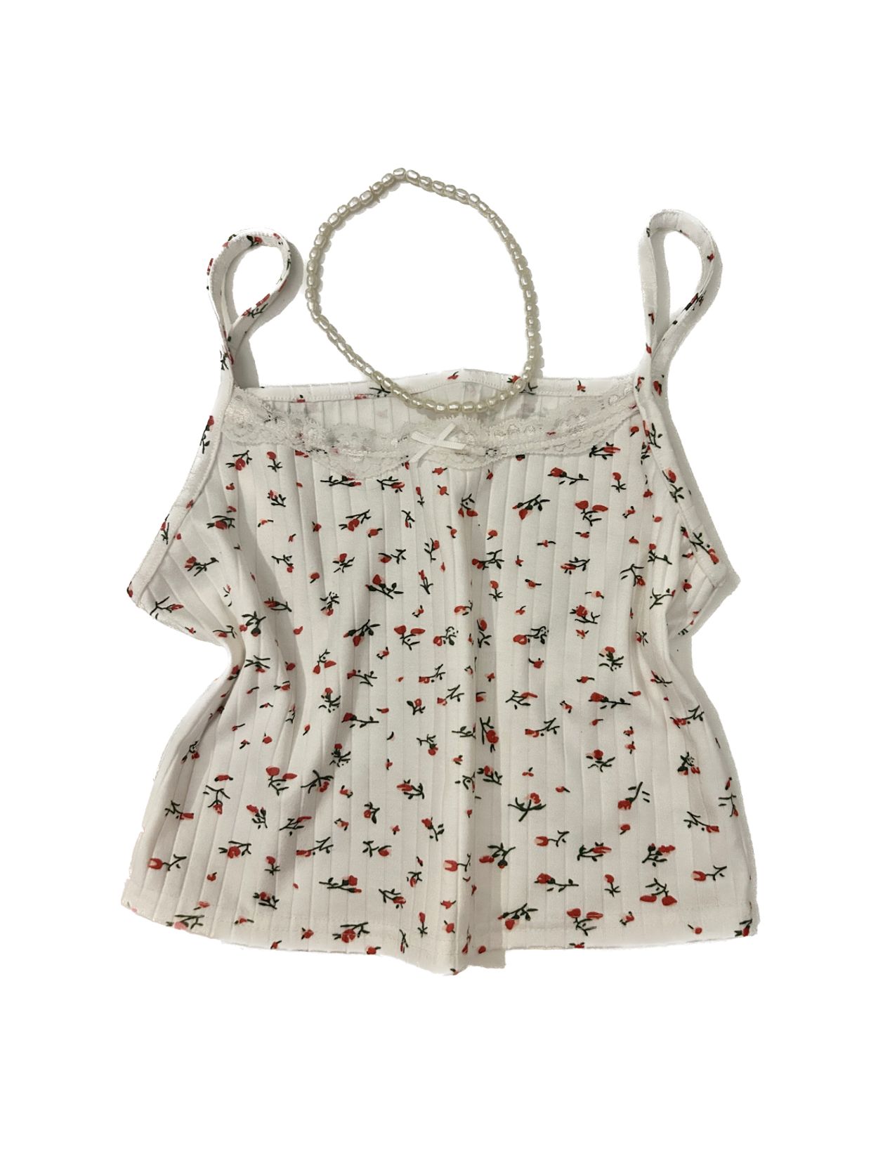 Cottagecore Coquette Cami top Wanita white red - Preloved