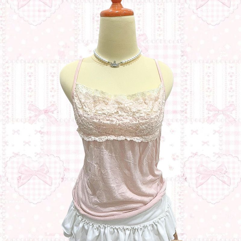 Cottagecore Coquette Cami top Wanita pink cream - Preloved