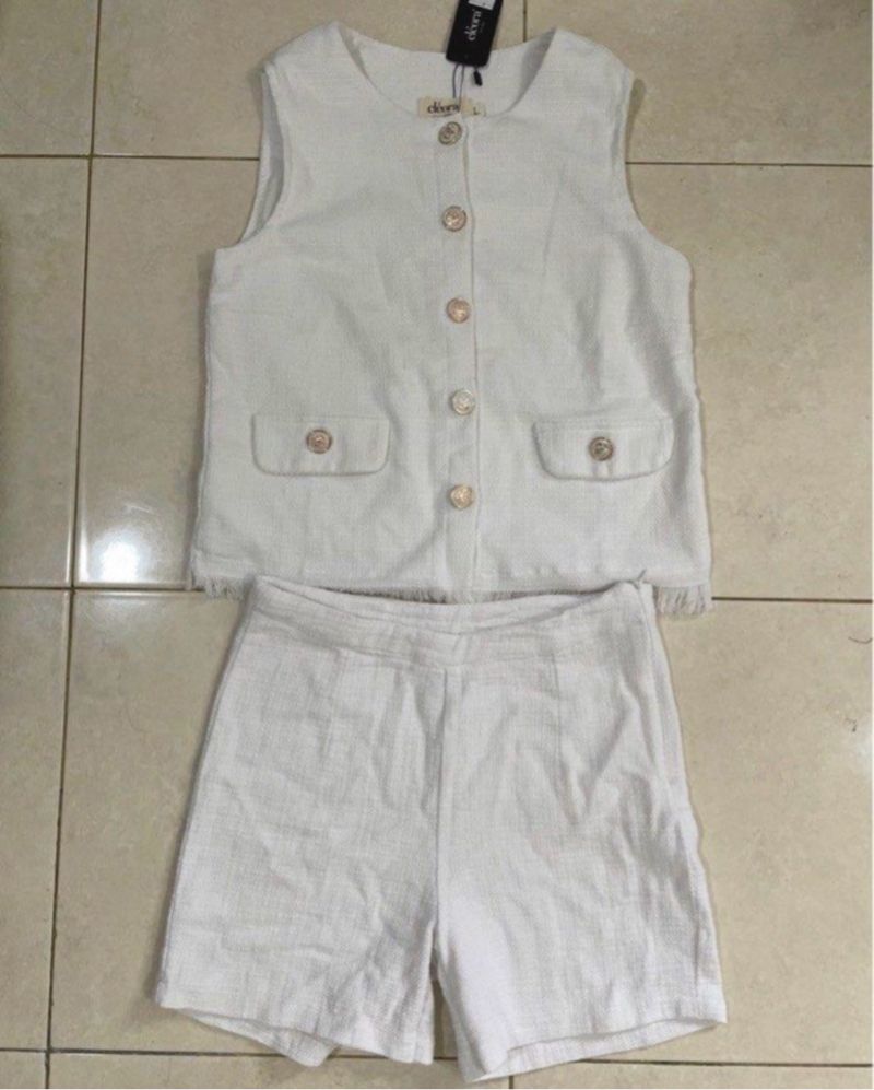 NEW set wanita kekinian bahan tweed putih white - Preloved