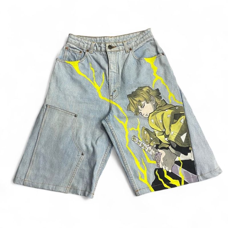 Celana Jorts Levi's 505 Custom Painted Zenitsu Demon Slayer - Preloved
