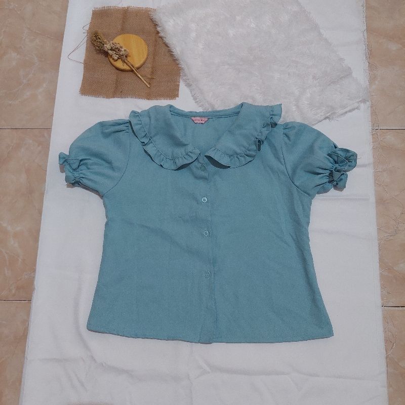 blue biru sailor top kerah sailor manis korean look blouse - Preloved