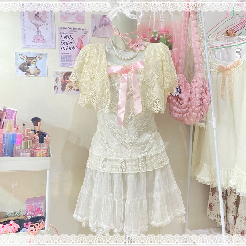 One Set White Lace Ribbon Camisol and Balero/Outer - Preloved